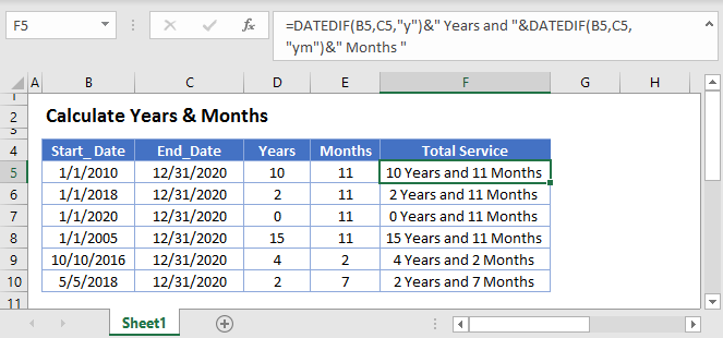 Calculate Years & Months of Service in Excel & Google Sheets - Automate ...